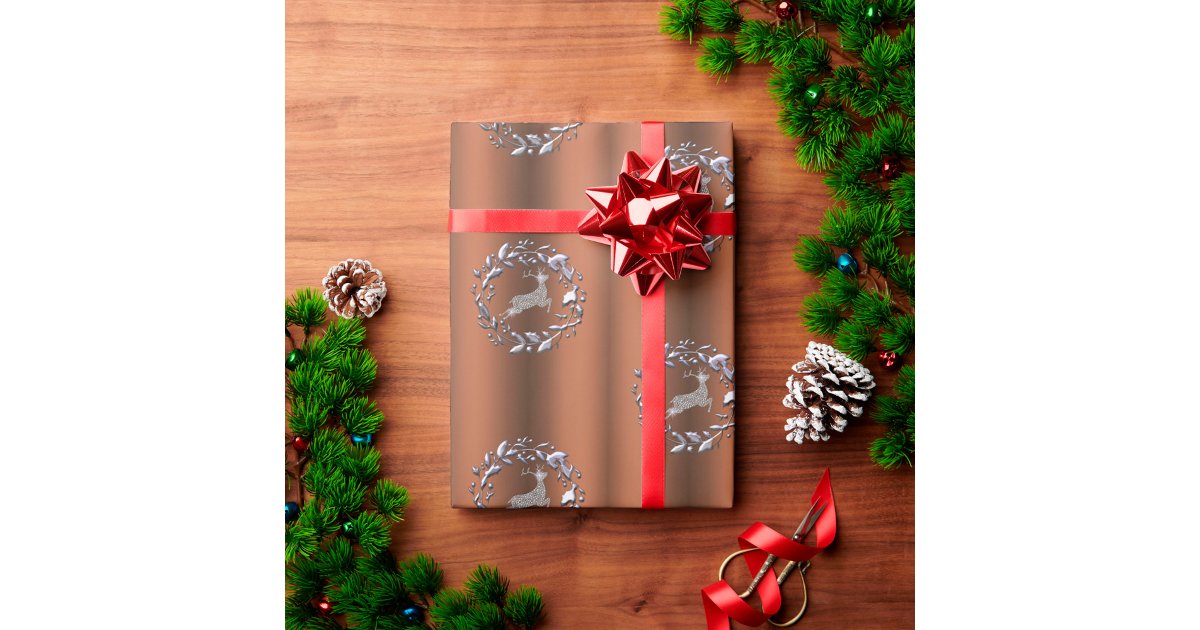 Silver Christmas Reindeer on Bronze Wrapping Paper | Zazzle