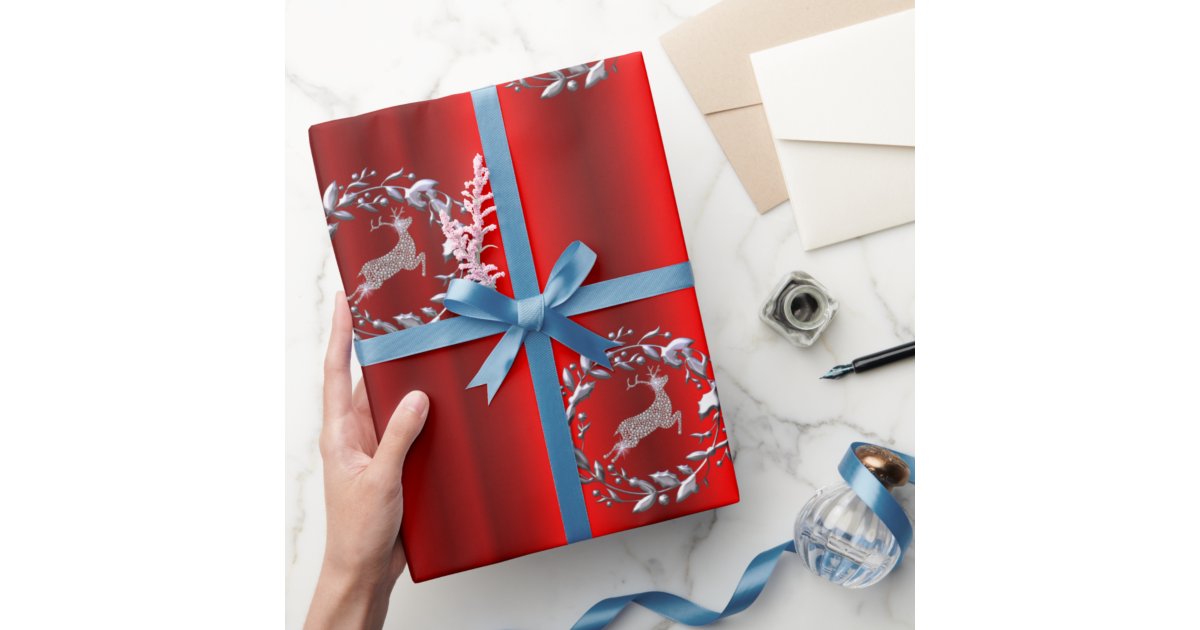 Silver Christmas Wreath and Reindeer Wrapping Paper | Zazzle