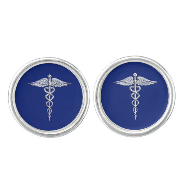 Silver Chrome Caduceus Medical Symbol on Navy Blue Cufflinks | Zazzle