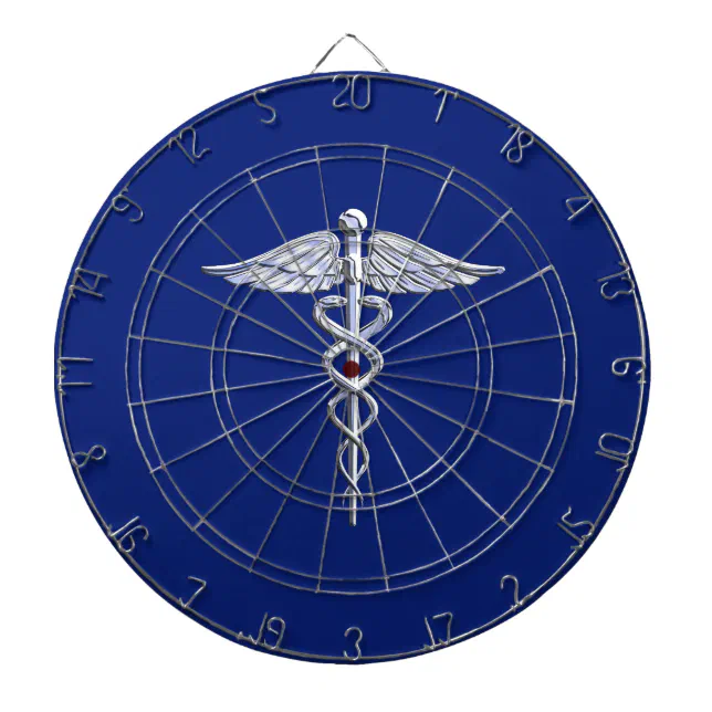 Silver Chrome Caduceus Medical Symbol on Navy Blue Dartboard | Zazzle