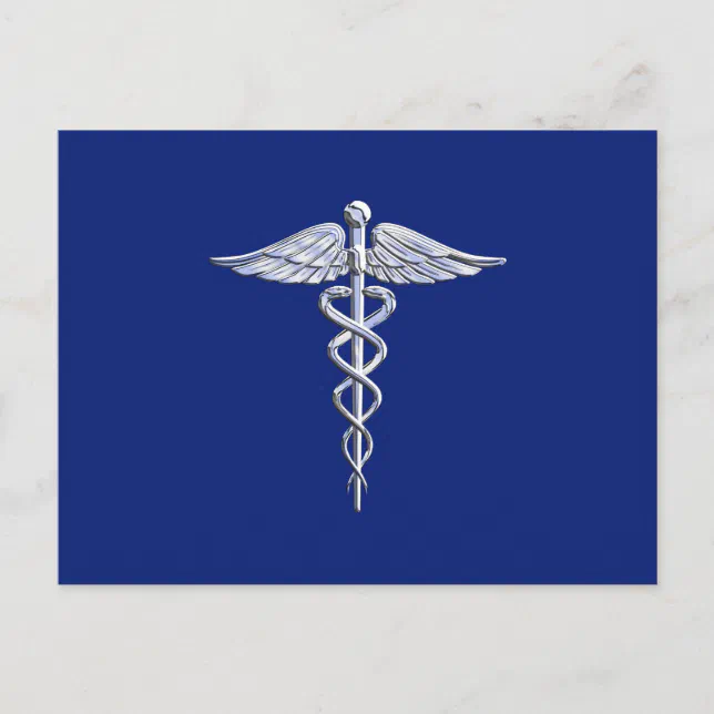 Silver Chrome Caduceus Medical Symbol on Navy Blue Postcard | Zazzle