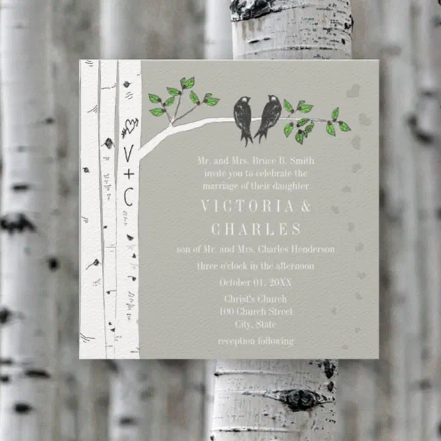 Silver Cloud Birch Vintage Birds Wedding Invite | Zazzle