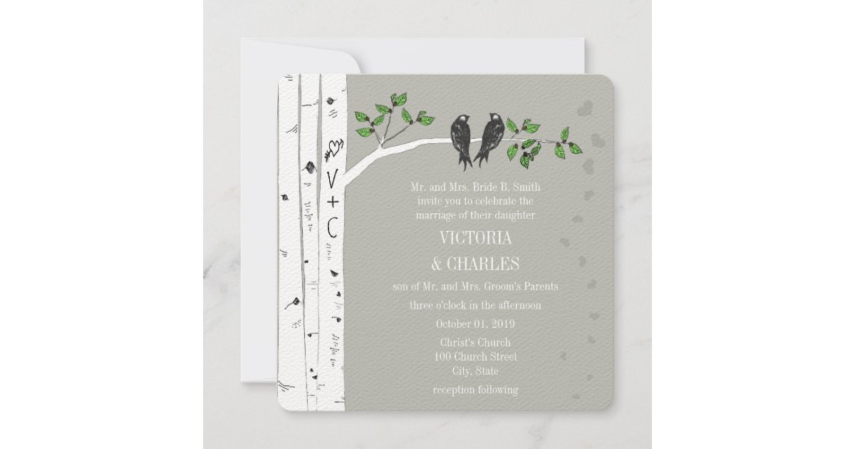 Silver Cloud Birch Vintage Birds Wedding Invite | Zazzle