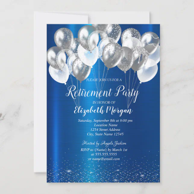 Silver Confetti Balloons Blue Metallic Retirement Invitation | Zazzle
