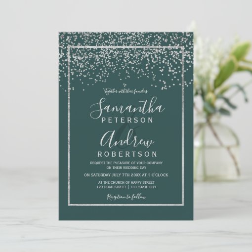 Silver confetti green typography wedding invitation | Zazzle