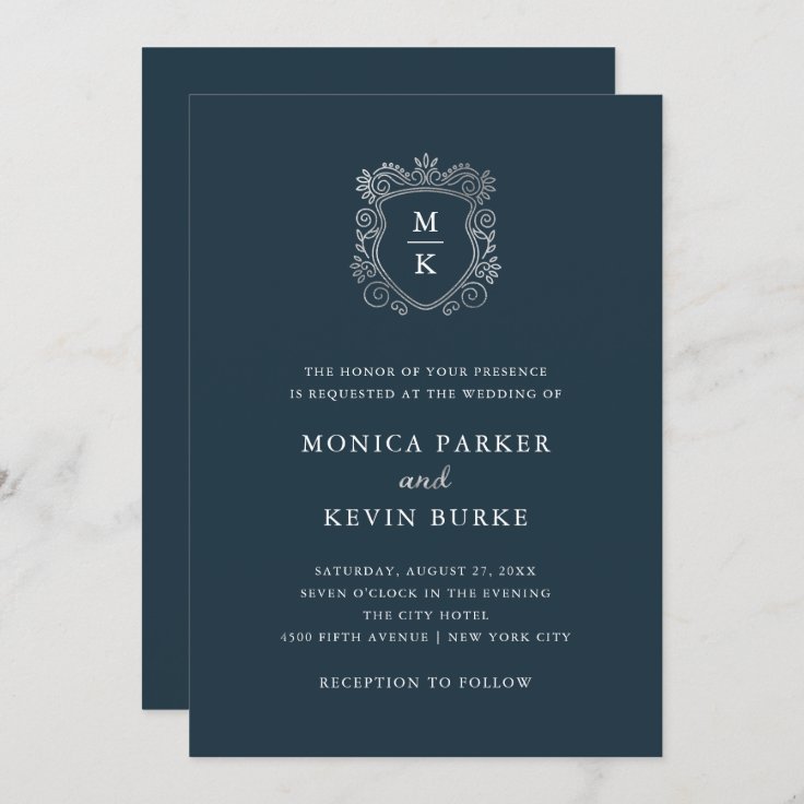 Silver Crest | Elegant Midnight Blue Wedding Invitation | Zazzle