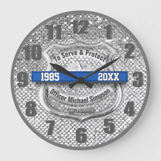 Silver Custom Blue Line Police Officer Retirement Large Clock | Zazzle