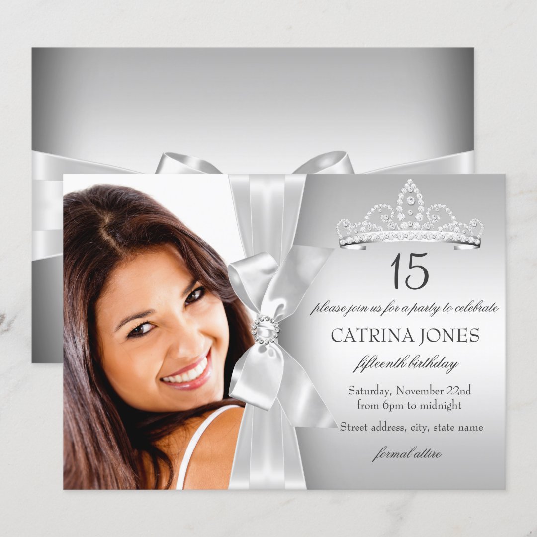 Silver Diamond Bow & Tiara Quinceanera Invite | Zazzle