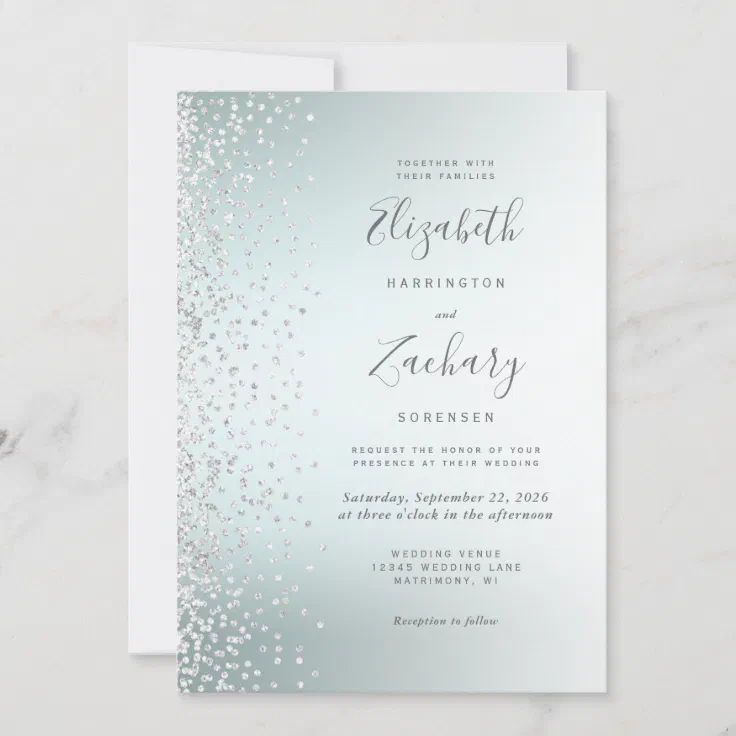 Silver Diamond Confetti Aqua Ombre Wedding Invitation | Zazzle