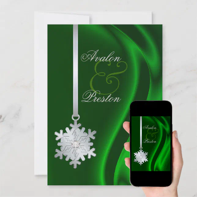 Silver Diamond Snowflake Green Silk Invitation | Zazzle