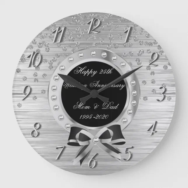 Silver Diamonds Bow 25th Wedding Anniversary Large Clock | Zazzle