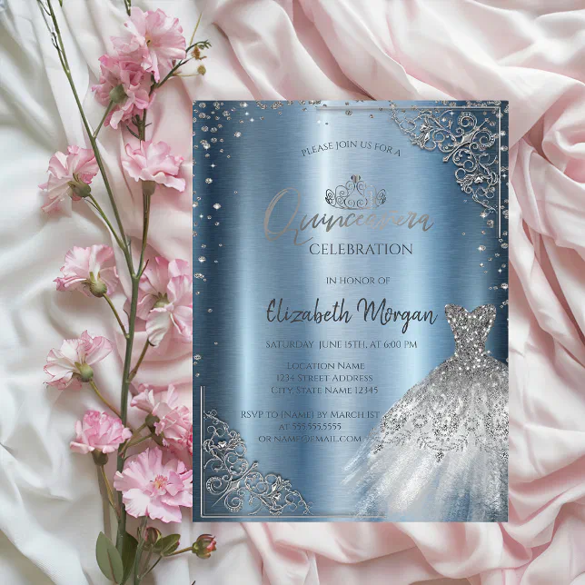 Silver Diamonds Frame Dress Quinceañera Invitation | Zazzle