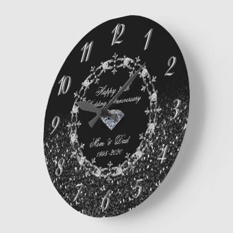 Silver Diamonds Glittery 25th Wedding Anniversary Large Clock | Zazzle