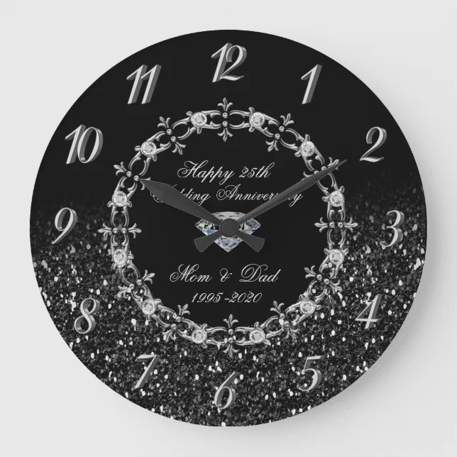 Silver Diamonds Glittery 25th Wedding Anniversary Large Clock | Zazzle