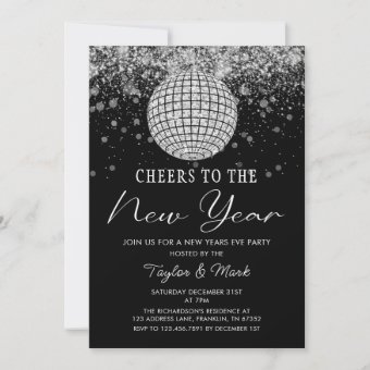 Silver Disco Ball Cheers New Years Eve Party Invitation | Zazzle