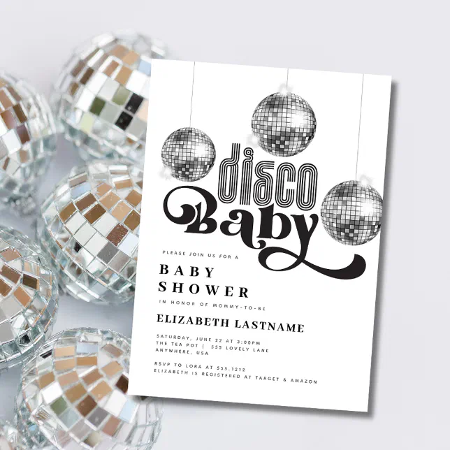 Silver Disco Ball Retro Disco Baby Shower Invitation | Zazzle