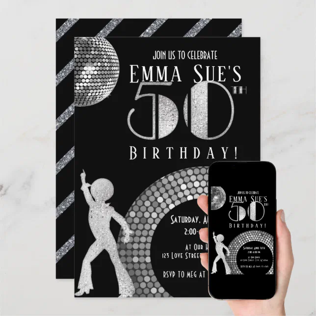 Silver Disco Ball Studio 54 Party 50th Birthday Invitation | Zazzle