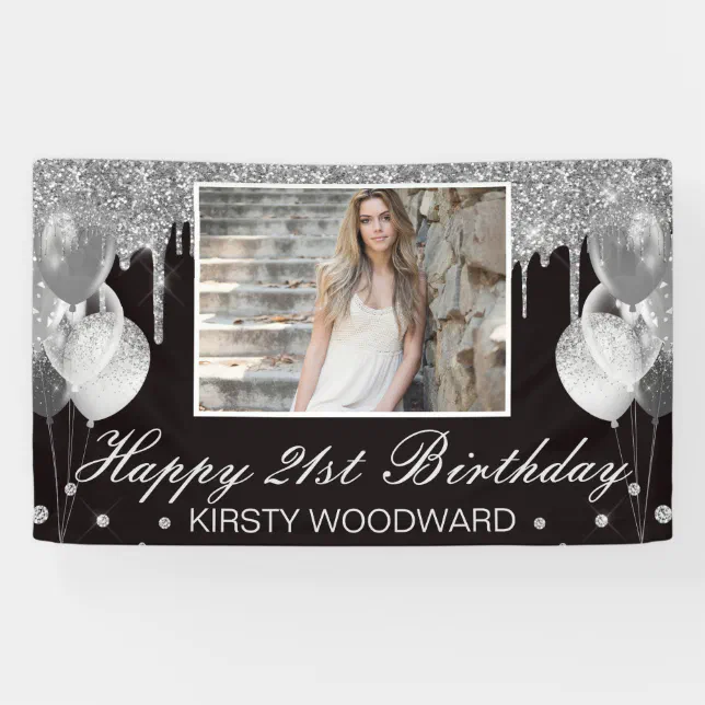 Silver Dripping Glitter with Balloons Birthday Banner | Zazzle