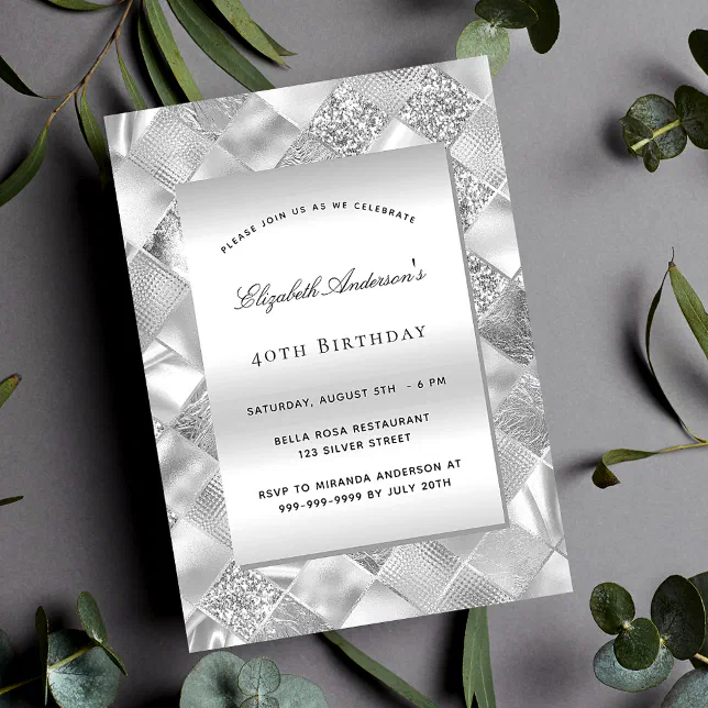 Silver elegant modern birthday invitation | Zazzle