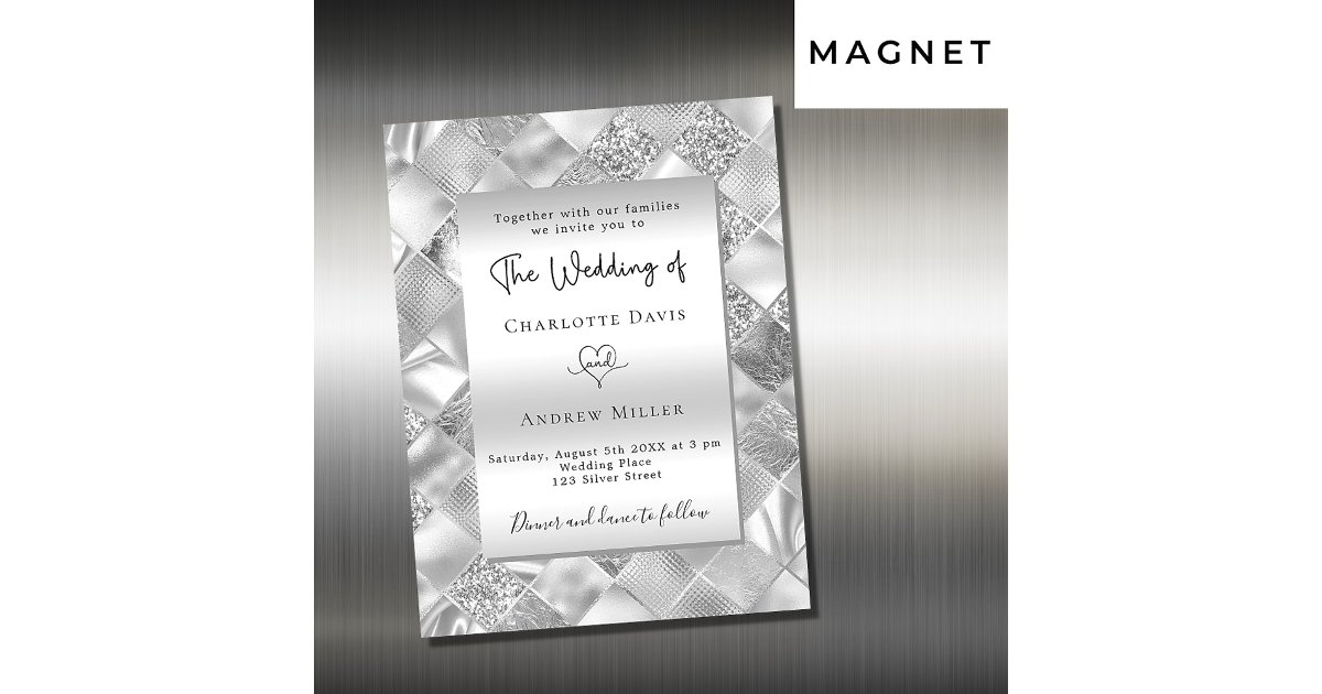 Silver elegant modern wedding magnetic invitation | Zazzle