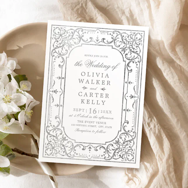 Silver elegant ornate romantic vintage wedding invitation | Zazzle