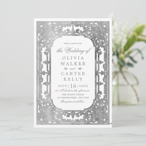 Silver elegant ornate romantic vintage wedding invitation | Zazzle