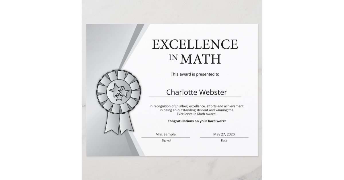 Silver Excellence in Math Certificate Award | Zazzle