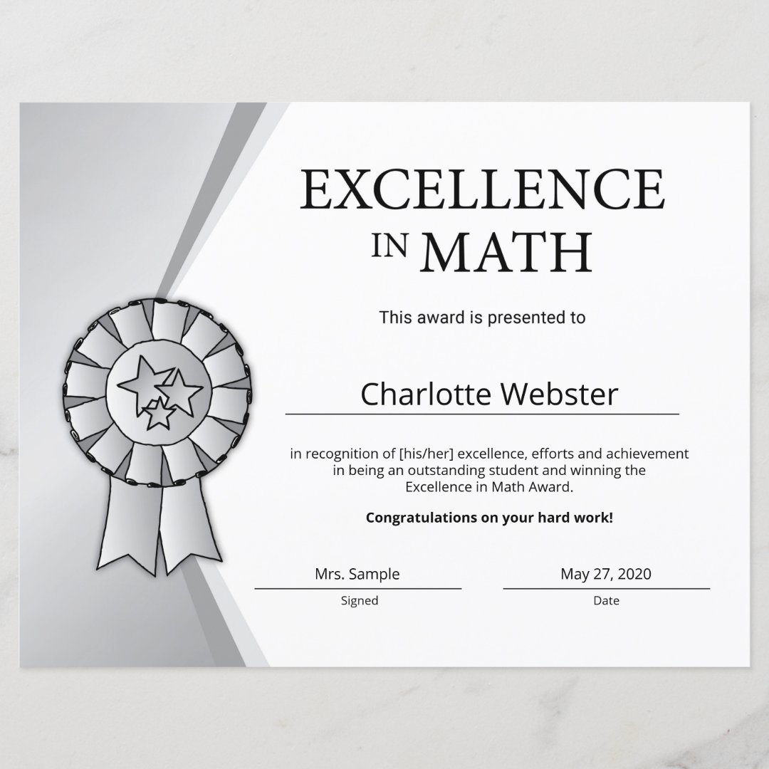 Silver Excellence in Math Certificate Award | Zazzle