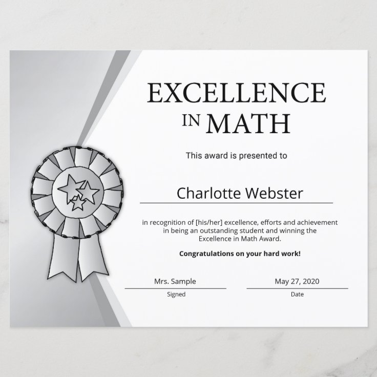 Silver Excellence in Math Certificate Award | Zazzle