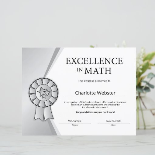 Silver Excellence in Math Certificate Award | Zazzle