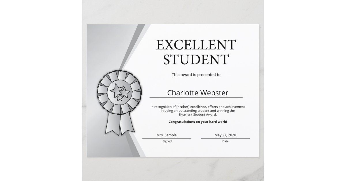 Silver Excellent Student Award Honor Certificate | Zazzle