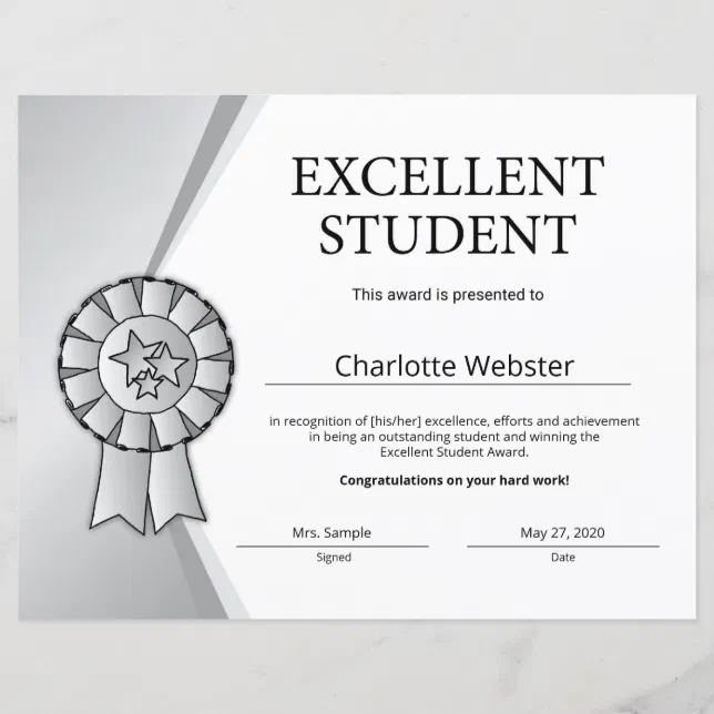 Silver Excellent Student Award Honor Certificate | Zazzle