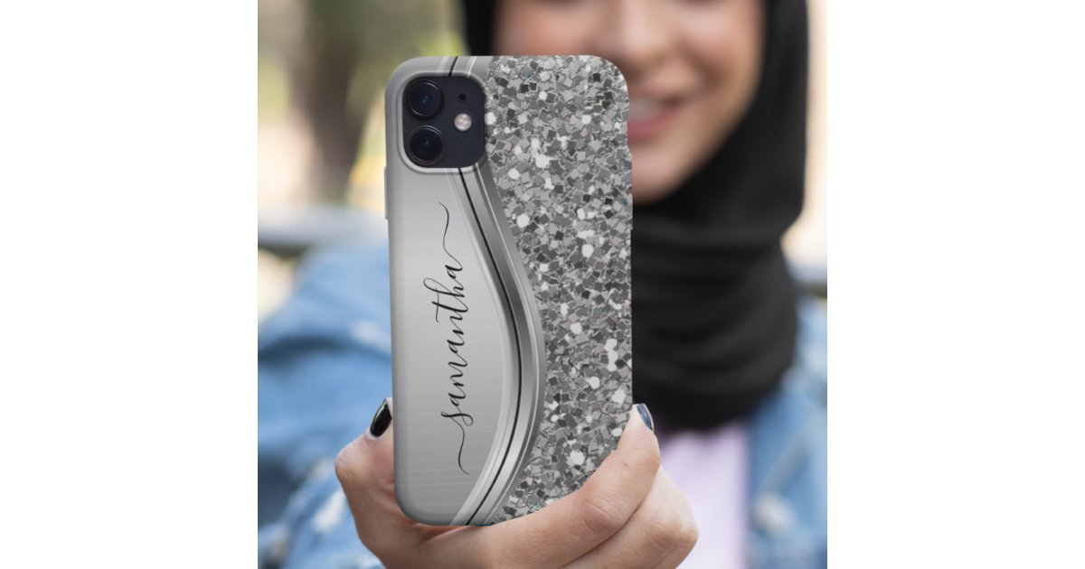 Silver Faux Glitter Glam Bling Personalized Metal Case-Mate iPhone Case ...