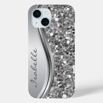 Silver Faux Glitter Glam Bling Personalized Metal Case-Mate iPhone Case ...