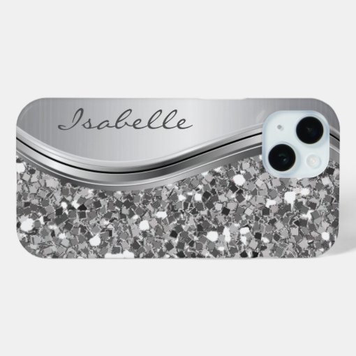 Silver Faux Glitter Glam Bling Personalized Metal Case-Mate iPhone Case ...
