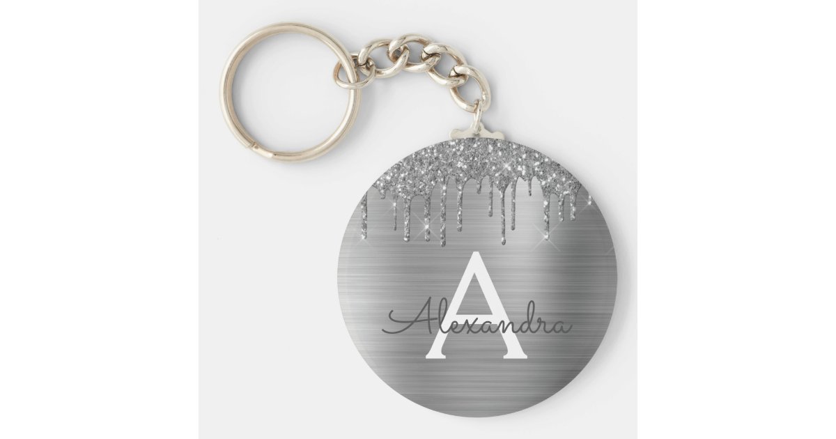 Silver Faux Glitter Stainless Steel Monogram Keychain | Zazzle.com