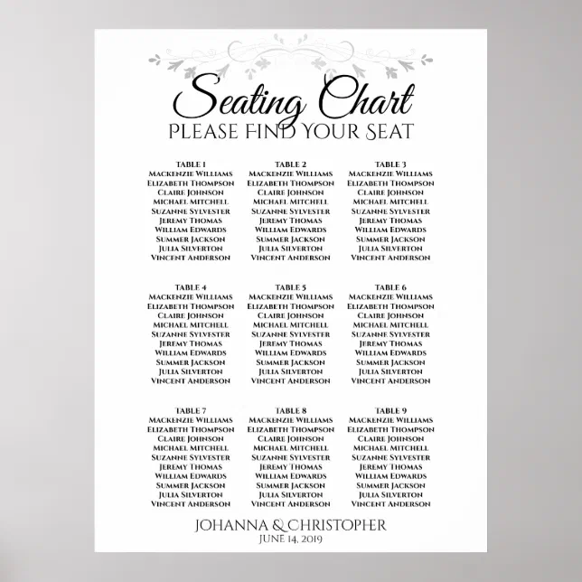 Silver Filigree 9 Table Wedding Seating Chart | Zazzle