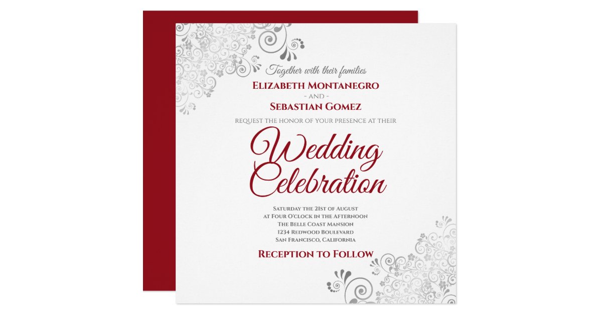 Silver Filigree Elegant Red & White Square Wedding Invitation | Zazzle.com