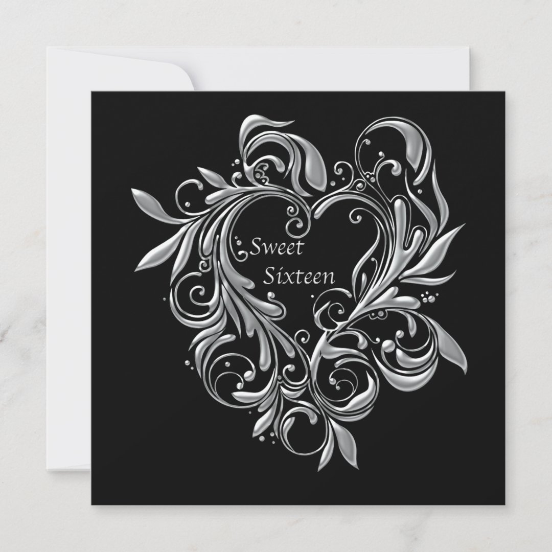 Silver Filigree Heart Sweet 16 Party Invitation | Zazzle