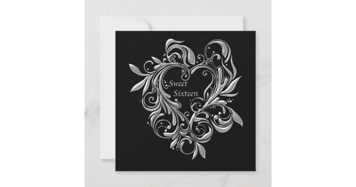 Silver Filigree Heart Sweet 16 Party Invitation | Zazzle