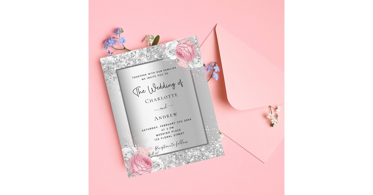 Silver floral blush pink white wedding invitation | Zazzle