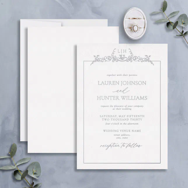 Silver Floral Border Monogram Wedding Foil Invitation | Zazzle