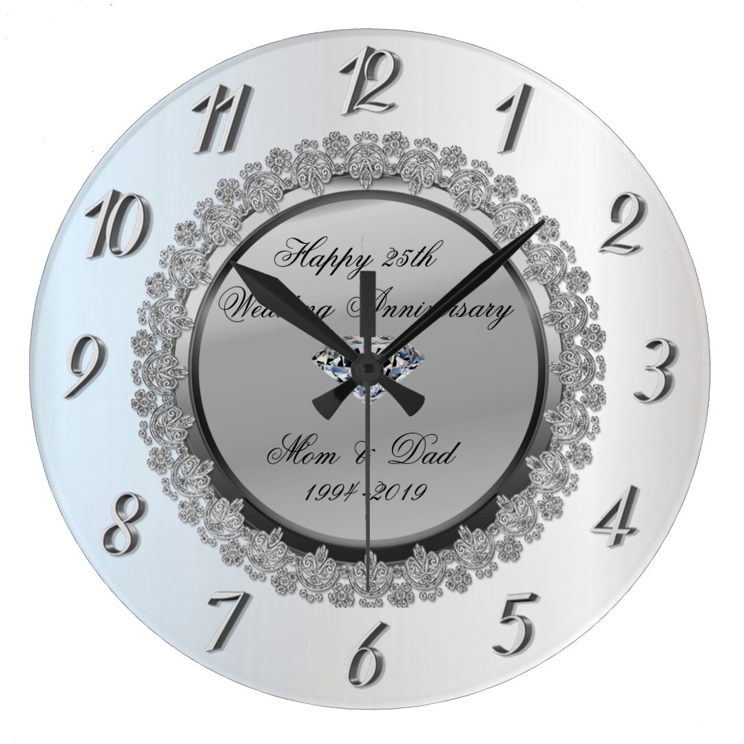 Silver Floral Diamond25th Wedding Anniversary Large Clock | Zazzle