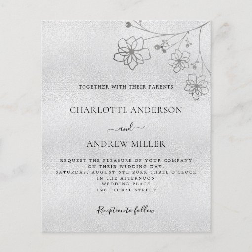 Silver floral elegant budget wedding invitation | Zazzle