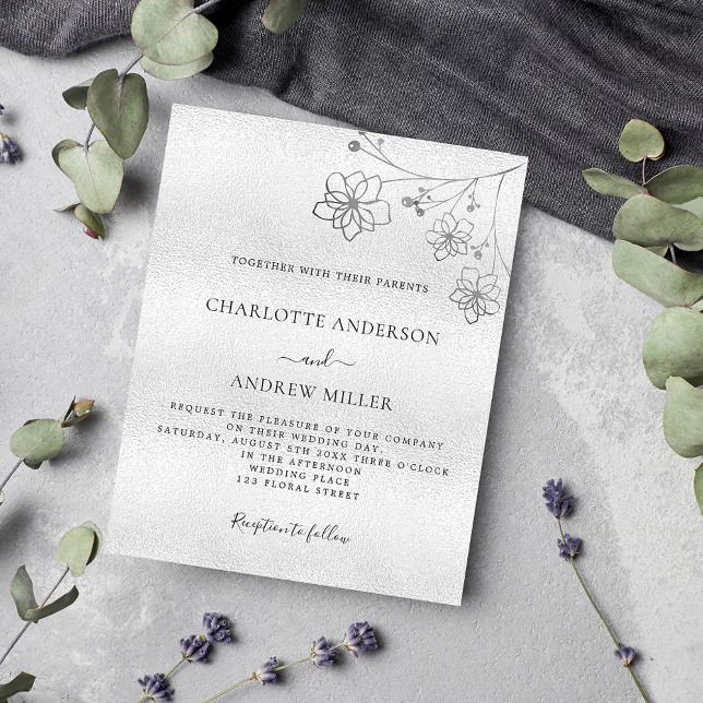 Silver floral elegant budget wedding invitation | Zazzle