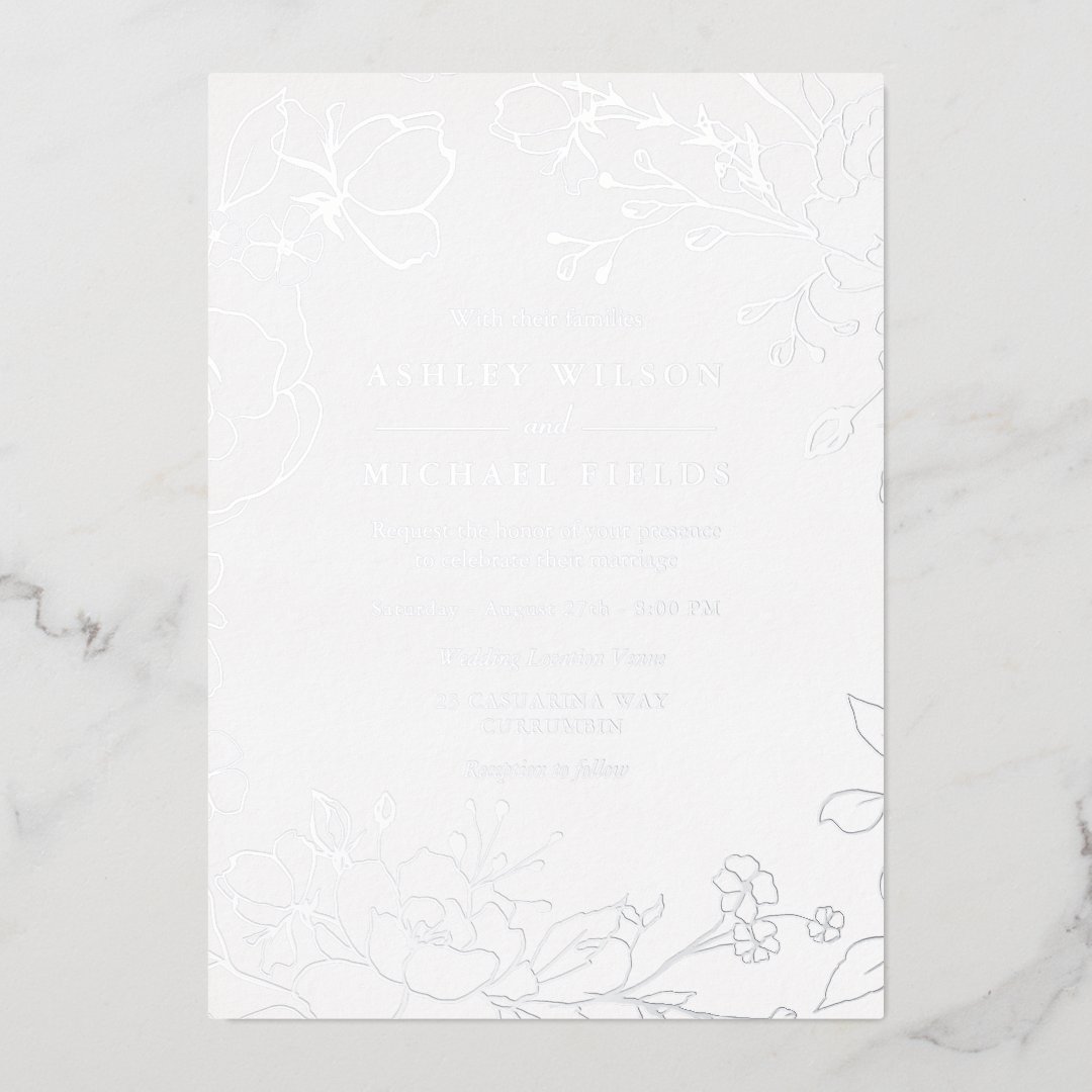 Silver Floral Elegant Modern Wedding Real Silver Foil Invitation | Zazzle