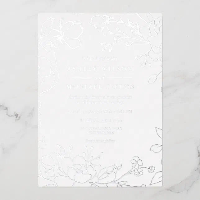 Silver Floral Elegant Modern Wedding Real Silver Foil Invitation | Zazzle