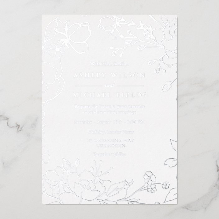 Silver Floral Elegant Modern Wedding Real Silver Foil Invitation | Zazzle