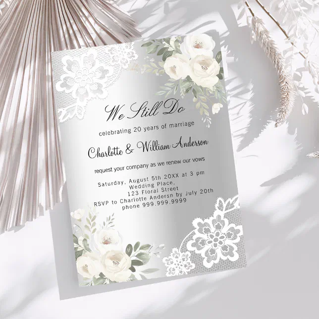 Silver floral lace vow renewal wedding invitation | Zazzle