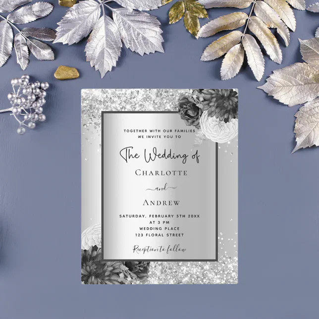 Silver floral monochrome budget wedding invitation | Zazzle